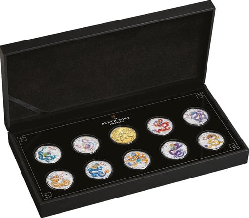 10 x 1/2 Unze Silber Set Lunar III Drache 2024 (Auflage: 3.888 | teilvergoldet | coloriert)